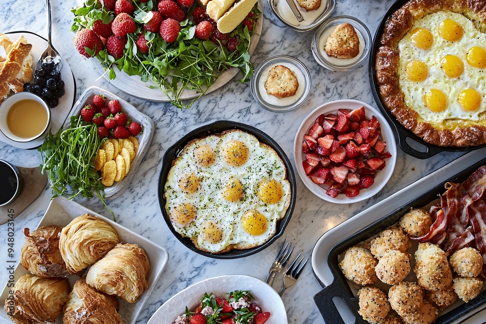 Brunch spread with a variet of dishes pastries. Village Breakfast with ...