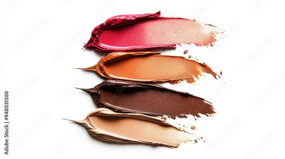 An array of colorful cosmetics smudges spreads across a white surface ...