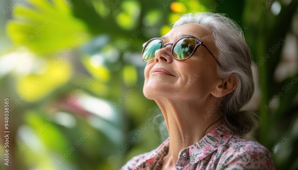 Radiant Senior Woman in Retro Sunglasses Embraces Tropical Vacation Joy ...