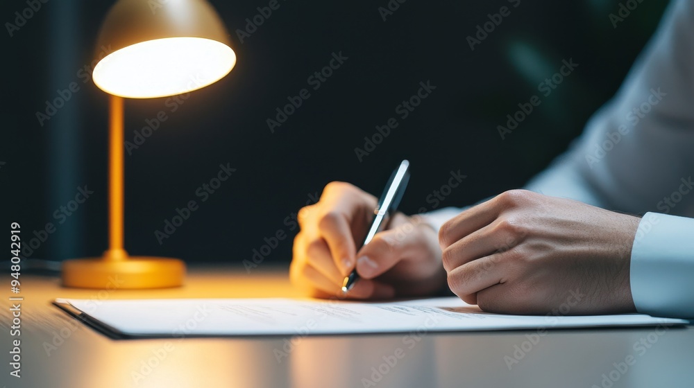 A journalist writing an article late at night, with a dim lamp casting ...