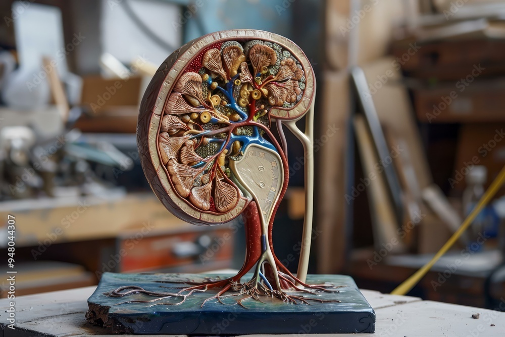 Anatomical model of a human kidney showing the internal structure ...