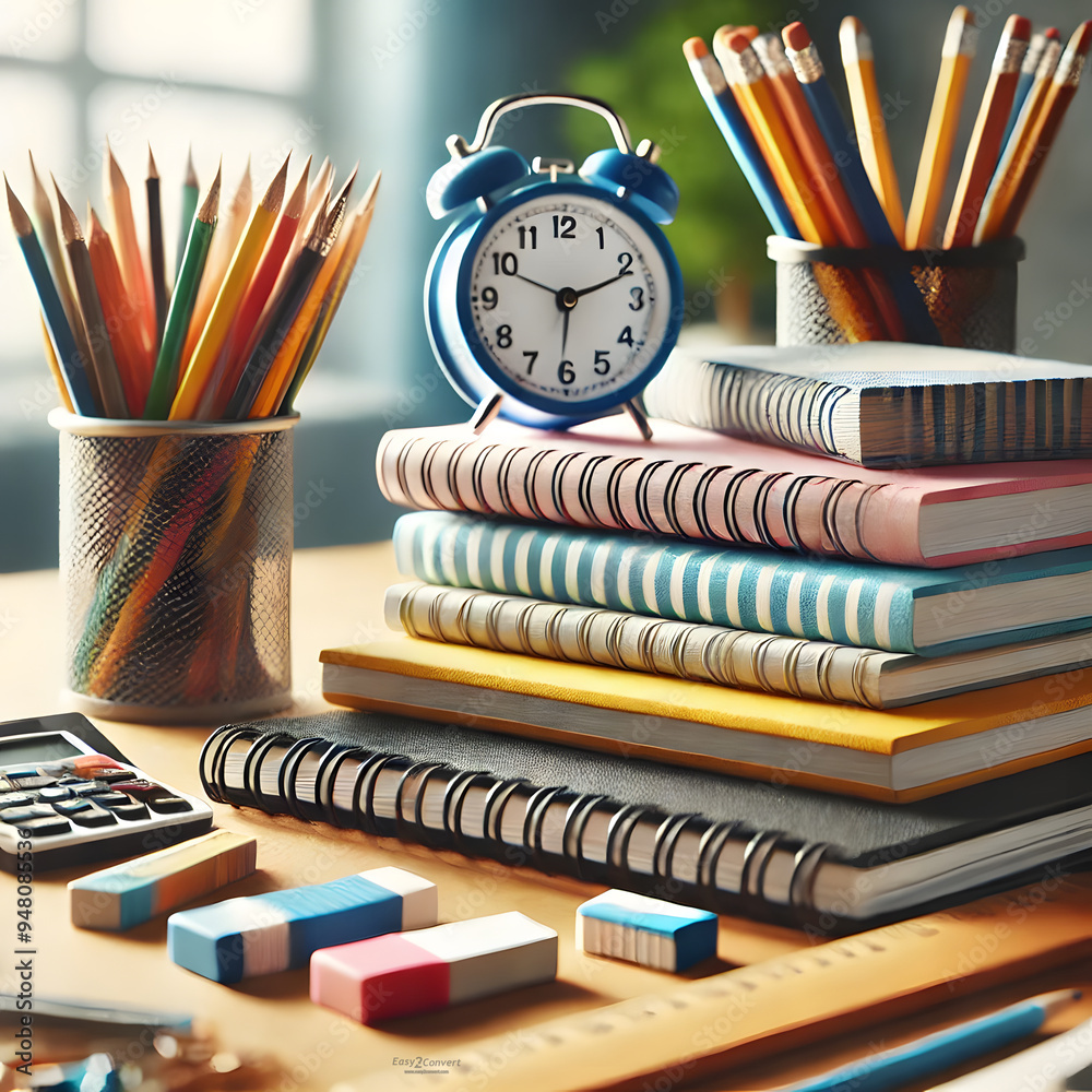 The close-up captures the details of neatly arranged school supplies on ...