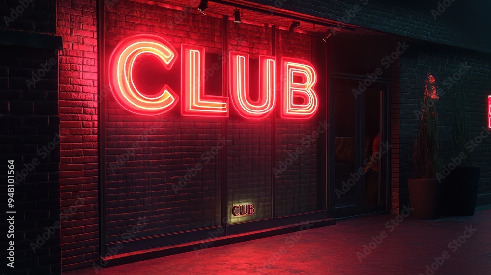 Vibrant neon sign outside a stylish club entrance, glowing in shades of ...
