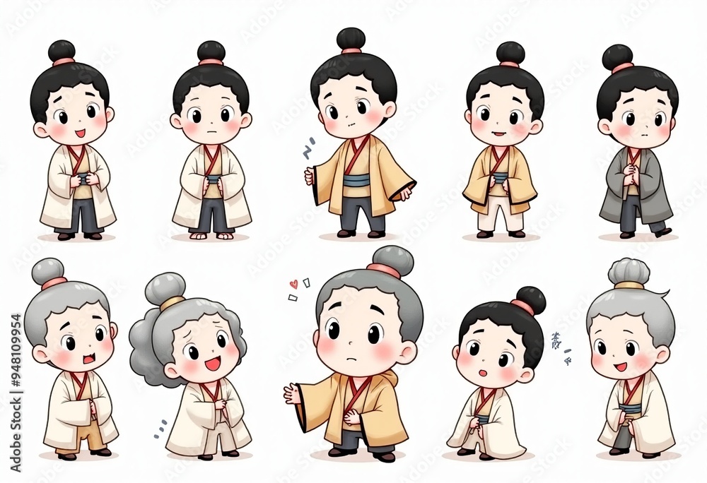 Cute Chinese Cartoon Characters | Avatar Design Elements Stock ...