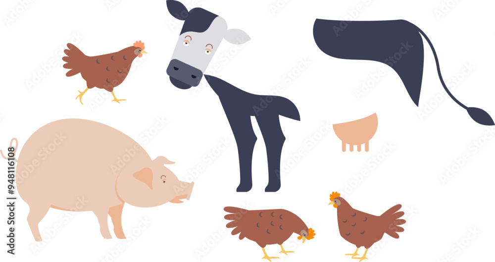 Cartoon farm animals: pig, cow, chickens, representing companionship in ...