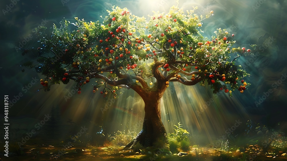 The Tree of Life in the Garden of Eden, with glowing fruit and a ...
