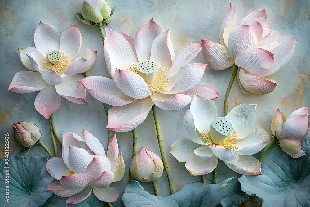 Lotus flowers at various stages of bloom are depicted in detailed ...