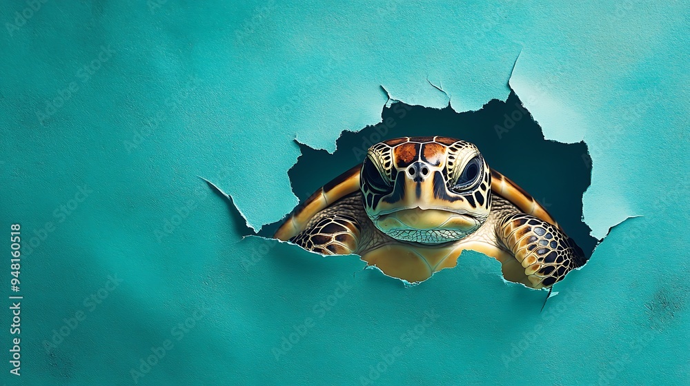 Sea Turtle Breaking Through: A grumpy sea turtle emerges from a torn ...