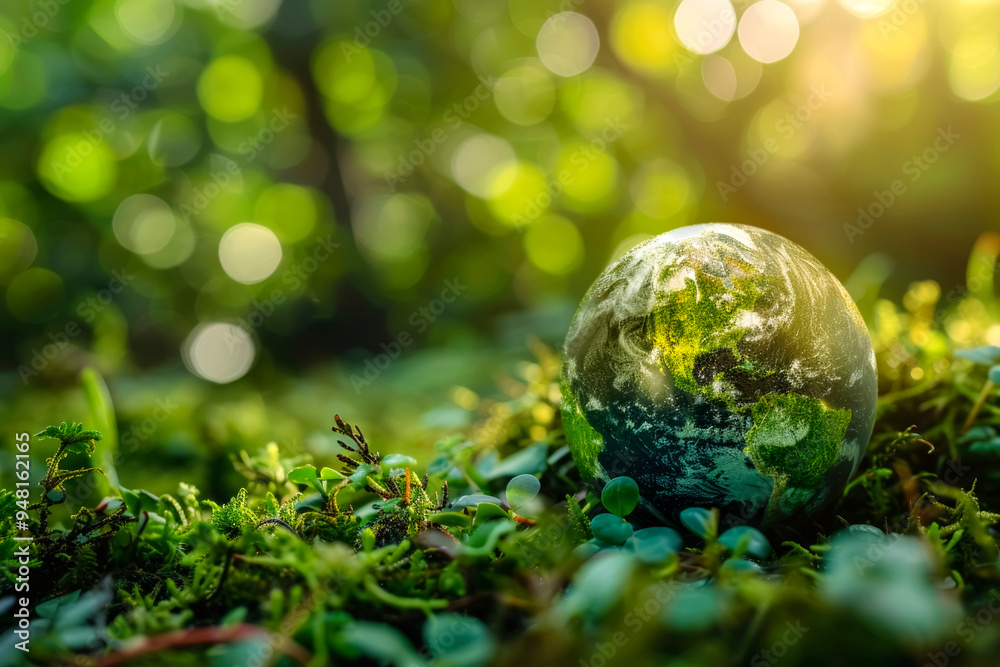 Green ball decorated with natural elements. Leaves, water drops and ...