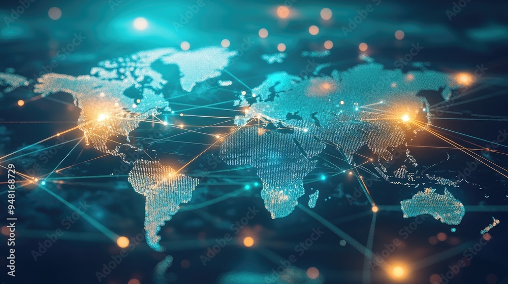 Concept of global communication with a world map overlayed with glowing ...