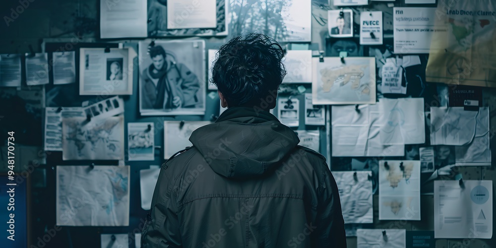 Back view agent investigator with a wall cluttered with murdered board ...