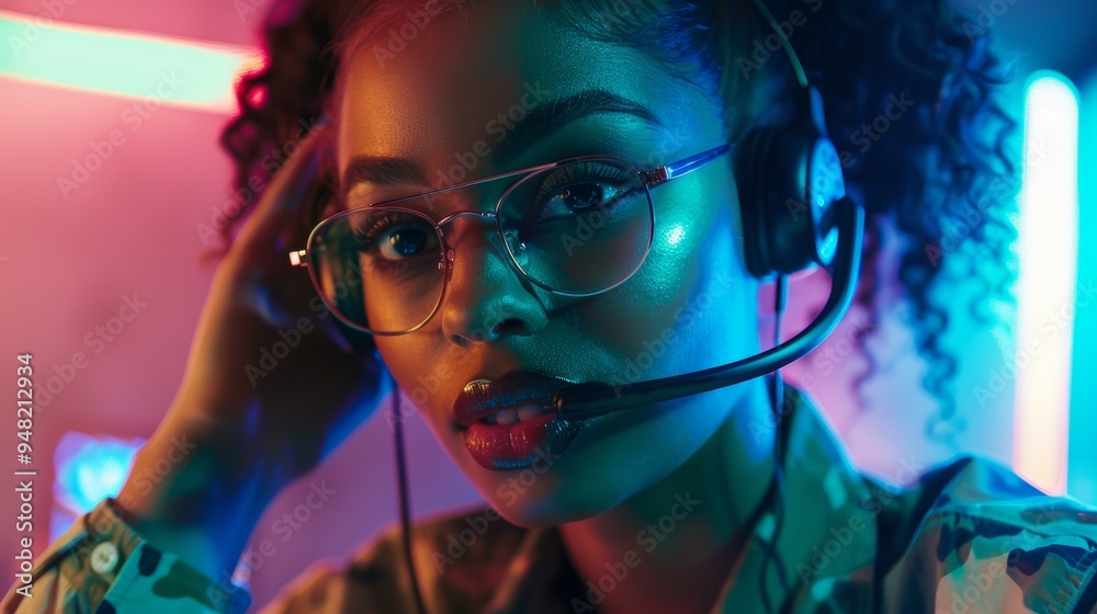 High-tech command center with a woman using a computer and headset for ...