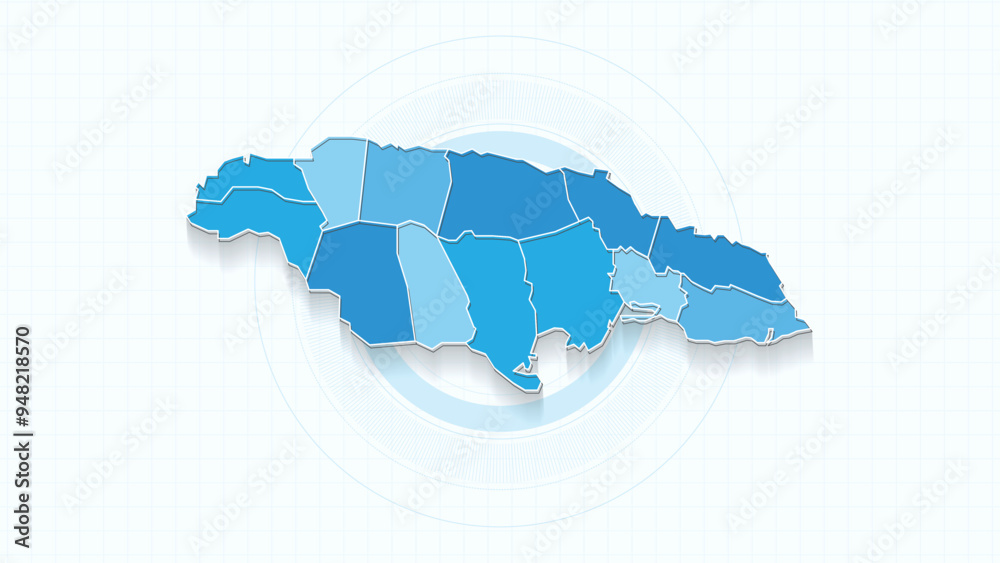 Blue Map of Jamaica, Jamaica map with borders of the states, country ...