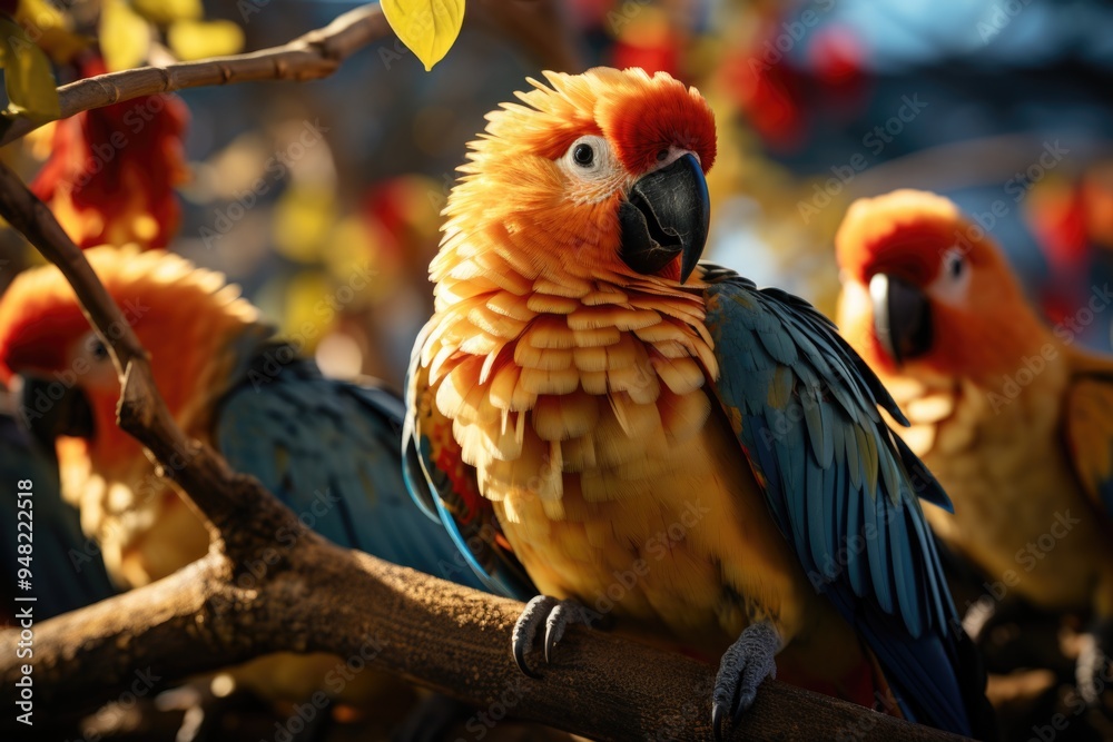 Colored bird of parrots at the bottom of nature. Brandy red and blue in ...