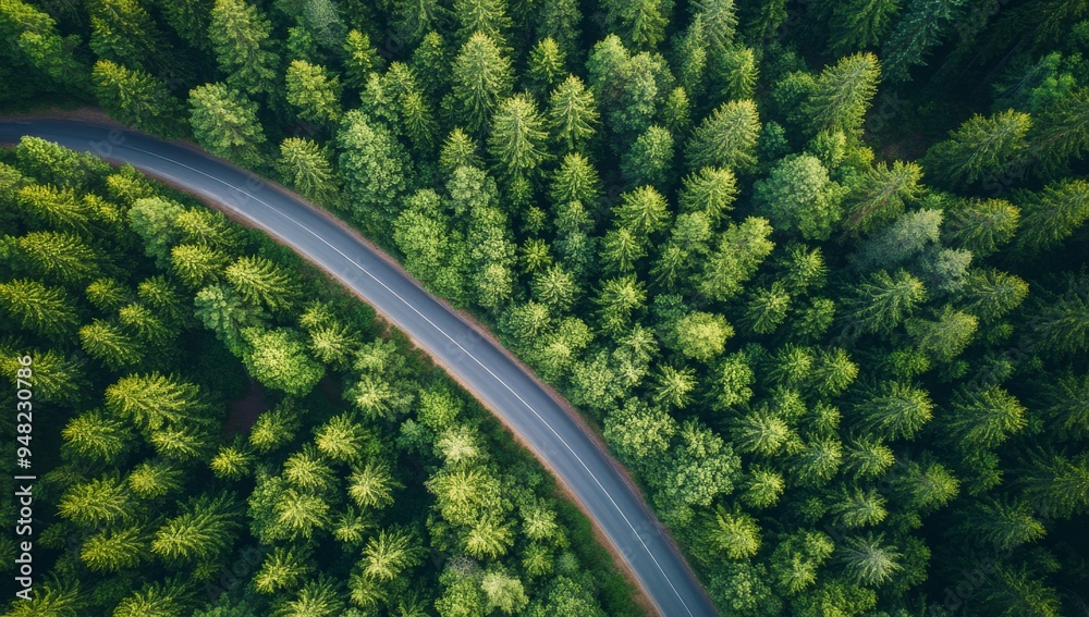 Aerial view of dense green trees capturing CO2 and curve highway road ...