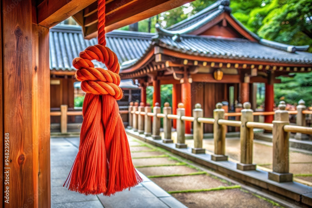 Traditional vermilion Shinto sacred rope, called "shimenawa," marks the ...