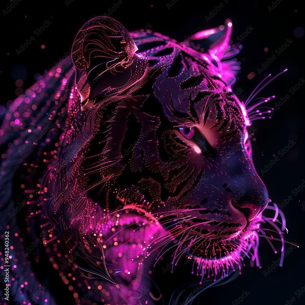 A pink gold glow tiger silhouette in a nightscape, bold outline, energy ...