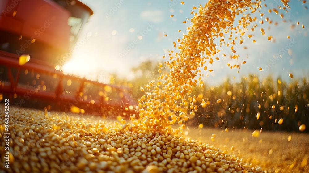 Corn kernels pouring from a red combine harvester, golden stream of ...