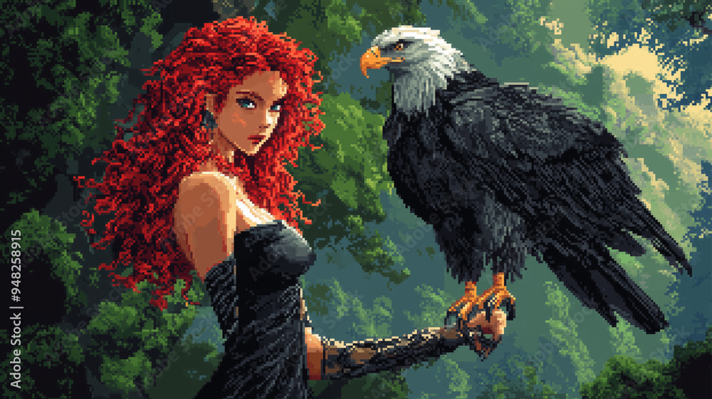 pixel art of a red-haired girl with a hawk on her hand. pixel art Stock ...