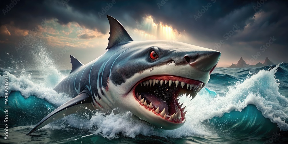 Fierce cartoon shark with sharp teeth and glowing red eyes bursts out ...