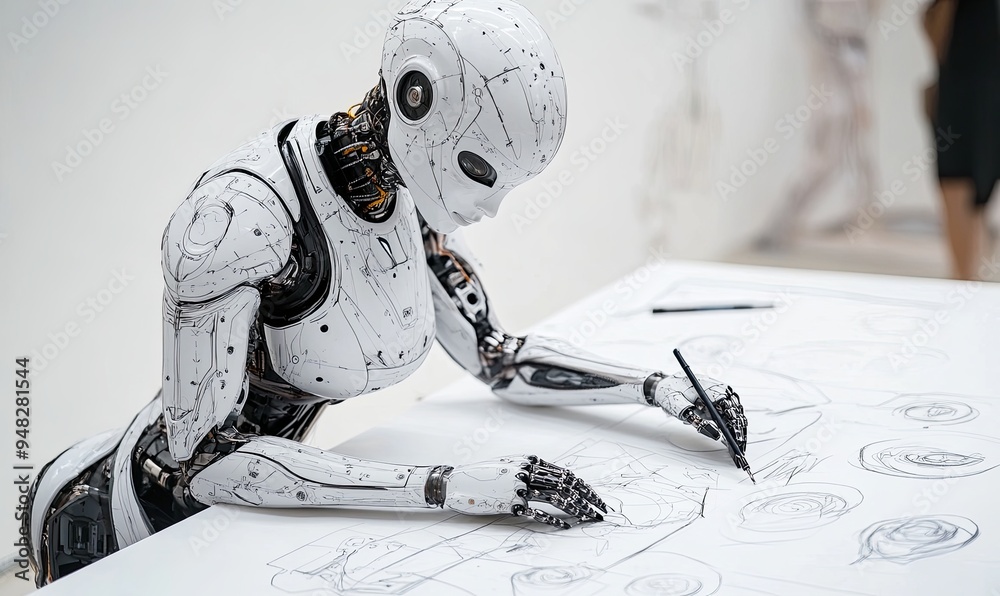 A white humanoid robot with feminine features sits at a table, drawing ...