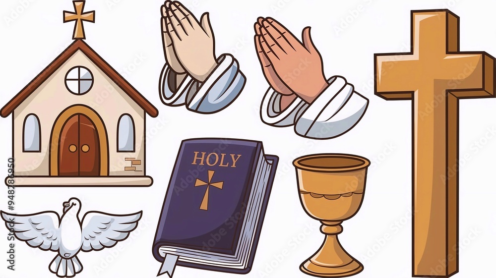 Catholic religious symbols. Various elements: chapel, praying hands ...