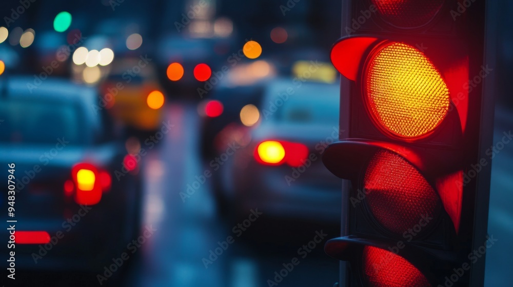 A close-up of a traffic light changing colors with cars waiting at a ...