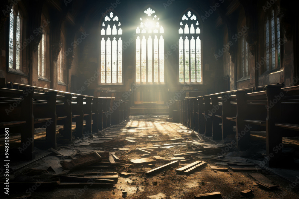 Abandoned Sanctuary: Sunbeams illuminate the desolate beauty of a ...