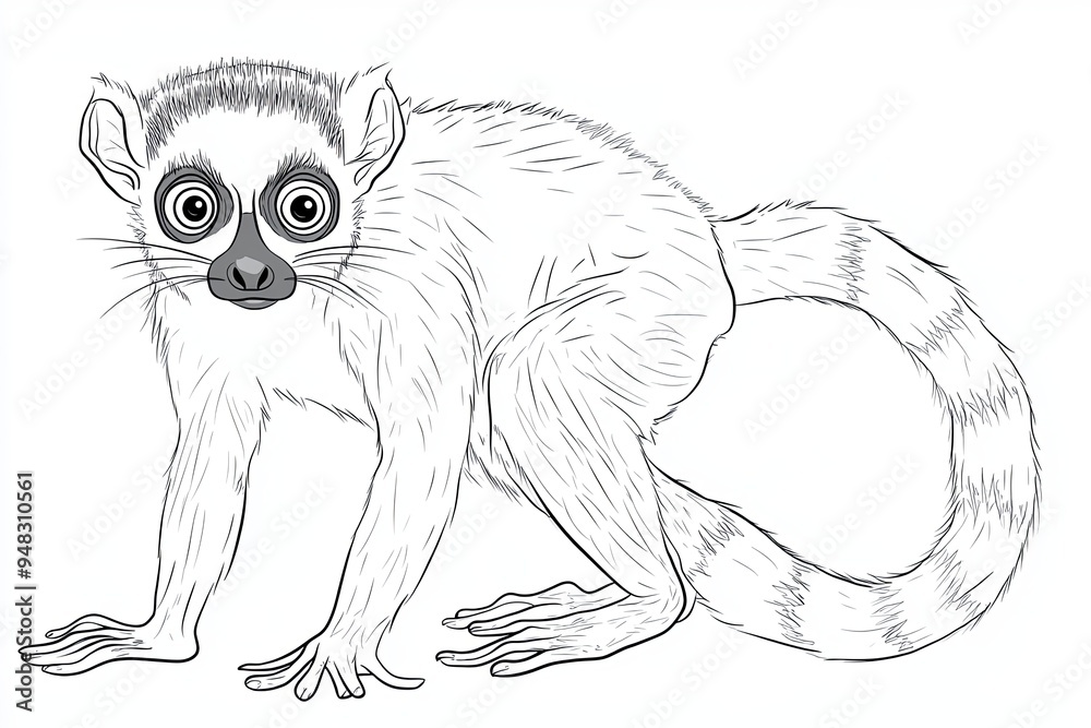 Black and white line drawing of a lemur. Stock Illustration | Adobe Stock