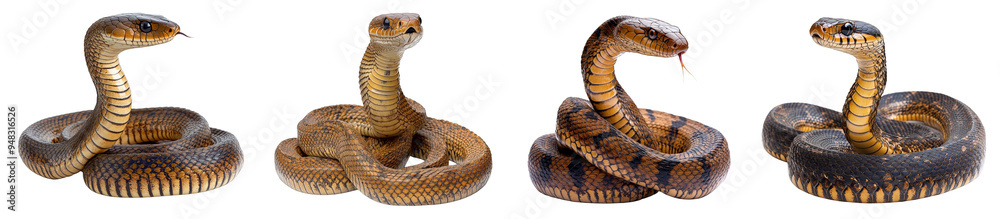Coiled cobra snakes in alert poses detailed reptilian scales wildlife ...