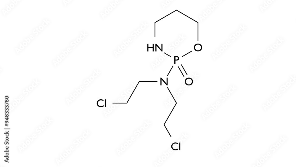 cyclophosphamide molecule, structural chemical formula, ball-and-stick ...