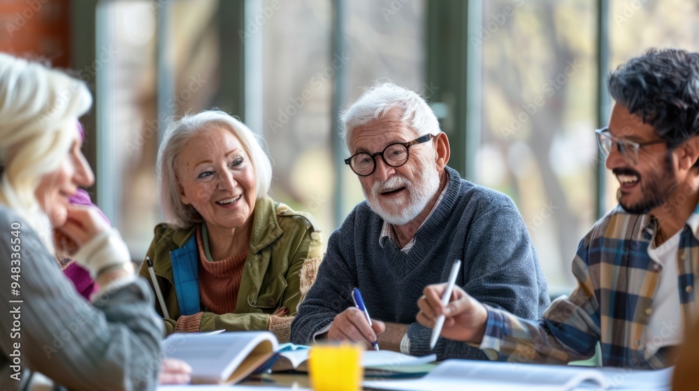 A group of older adults engaged in a creative writing workshop, sharing ...