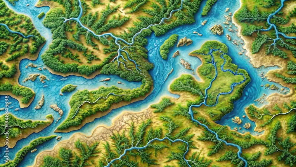 Detailed topographic map of imaginary territory with winding rivers ...