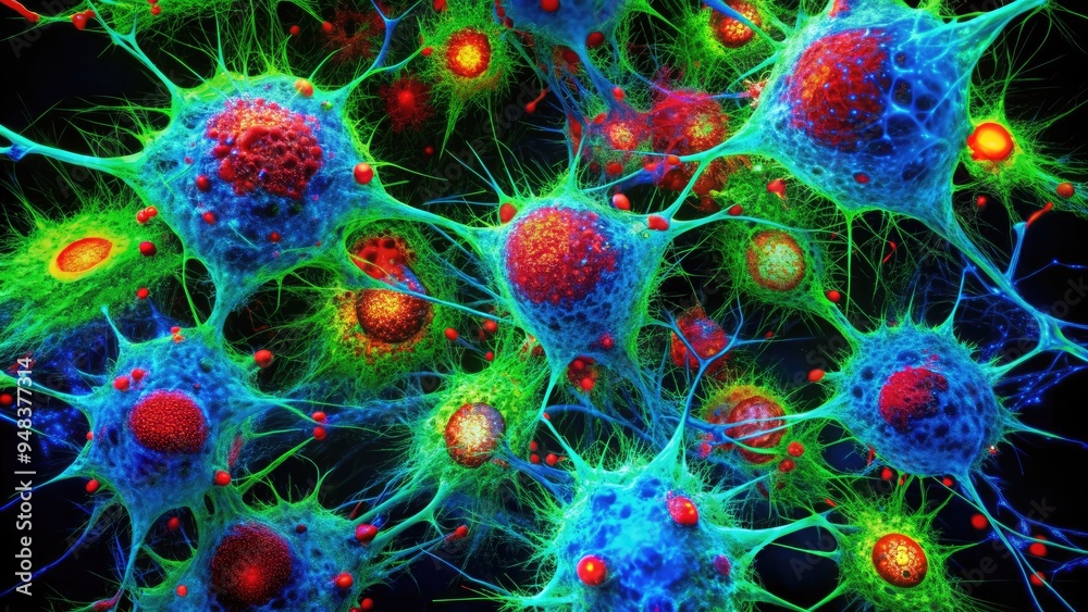 Colorful fluorescence microscopy image of dividing human cancer cells ...
