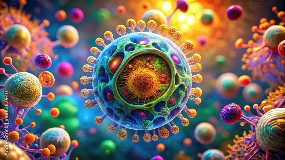 Colorful microscopic image of a cell's intricate structure, showcasing ...