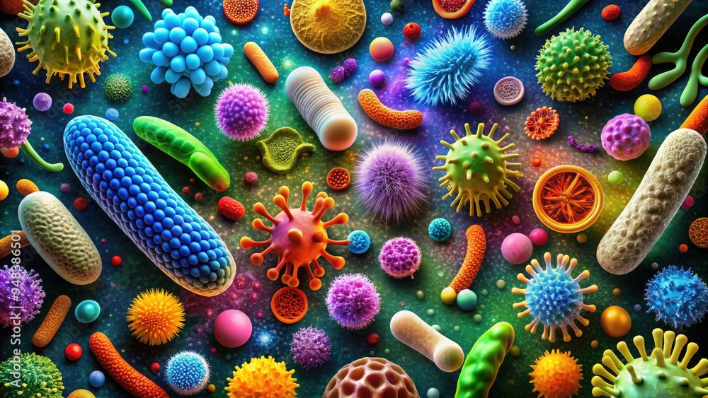 Colorful microscopic image of various microbes, including bacteria ...