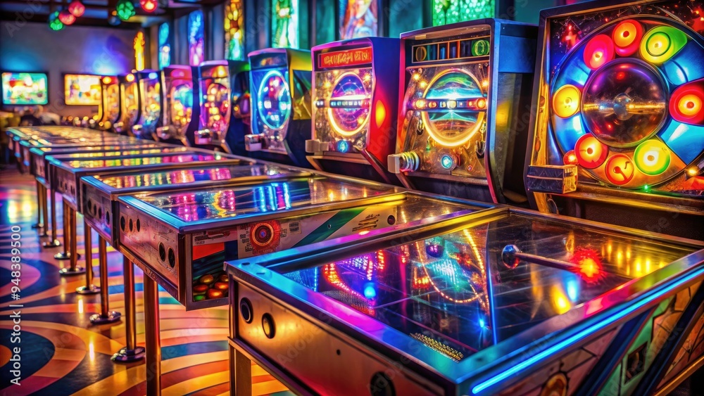 Colorful pinball machine with shiny metallic flippers and bright ...