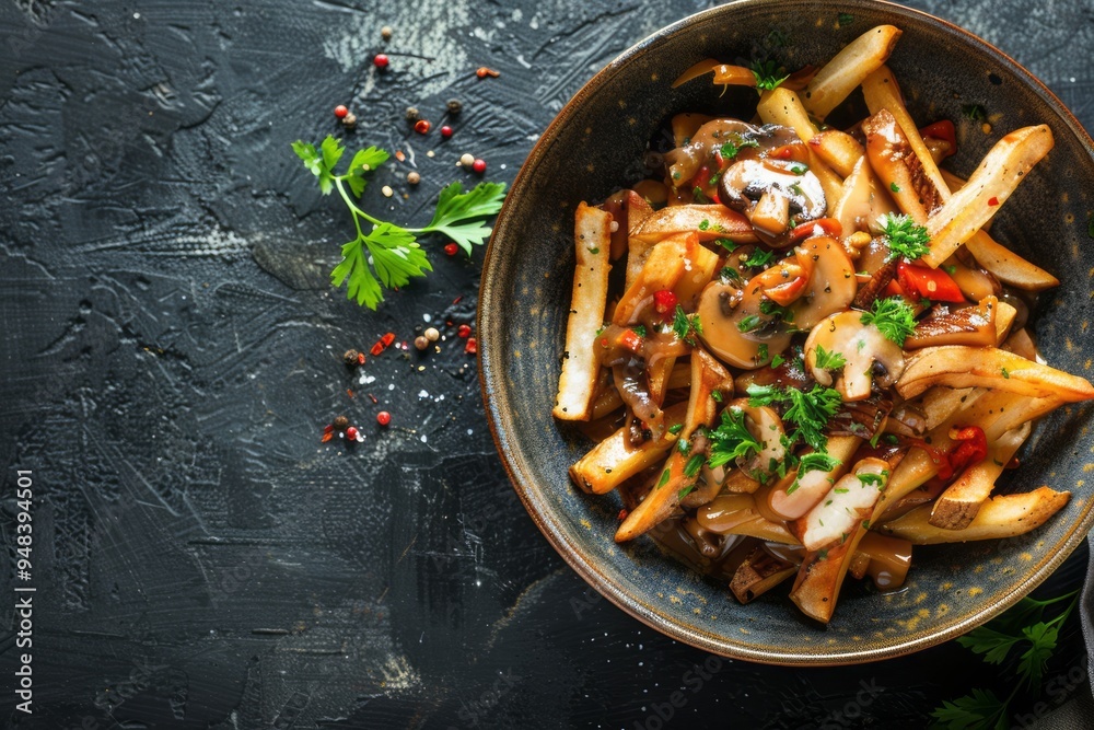 Canadian Poutine.Poutine.Cheese curds.Brown sauce.Gourmet poutine with ...