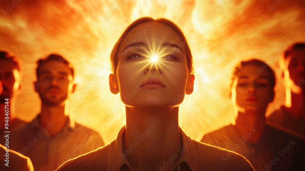 individuals with emotionless faces transfixed by a brilliant pulsating ...