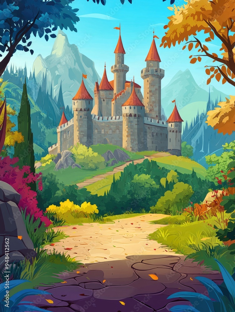 Ilustración de Stock 2D cartoon fairytale themed seeking game featuring ...