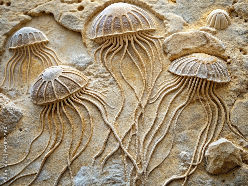 Fossilized jellyfish impressions in limestone, created by ancient plate ...