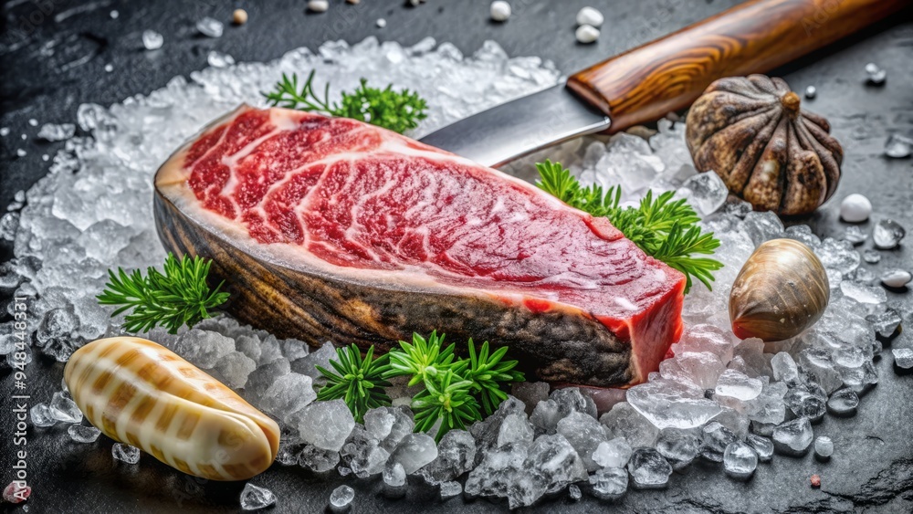 Juicy slice of premium Wagyu beef rests on a bed of crushed ice, paired ...