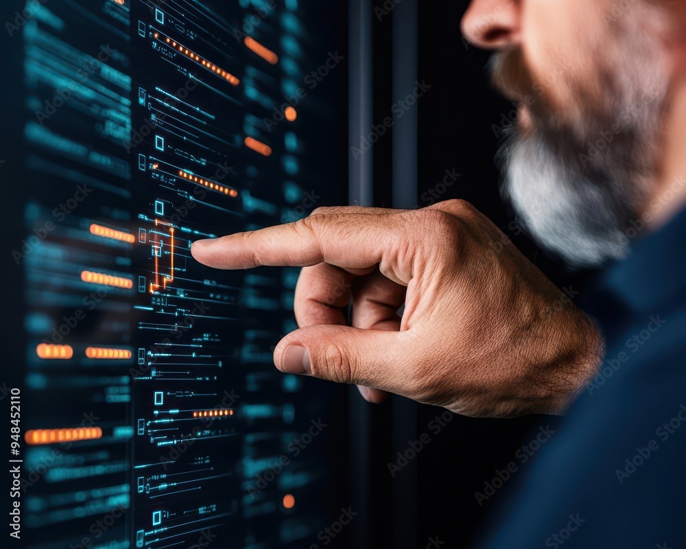 Forensic expert scanning a holographic timeline of network activity ...