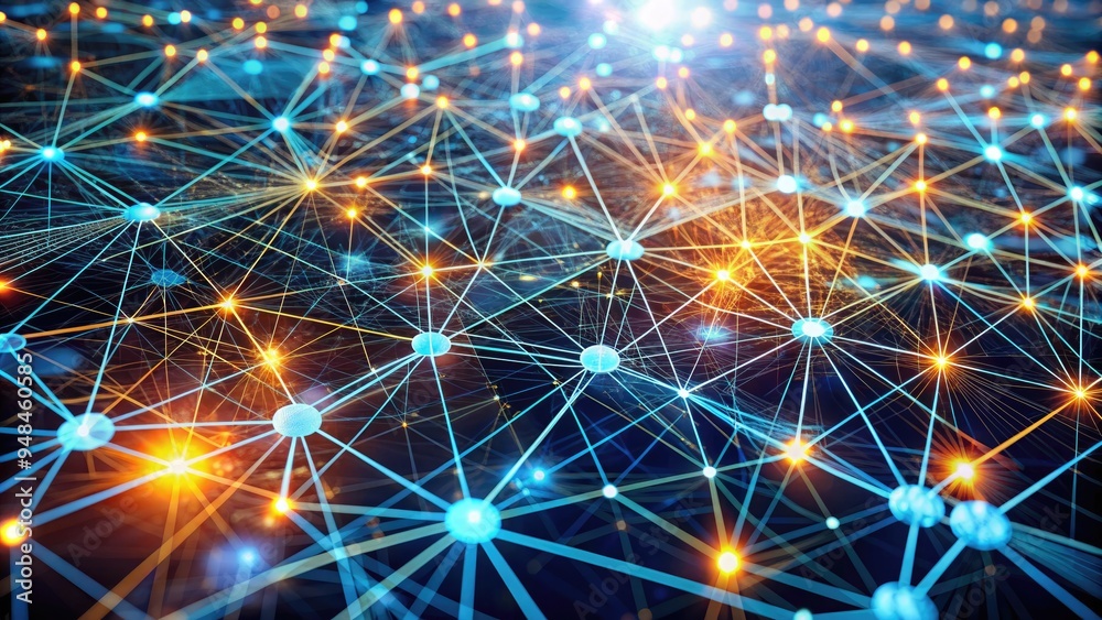 Geometric grid of interconnected nodes and lines forms a futuristic ...