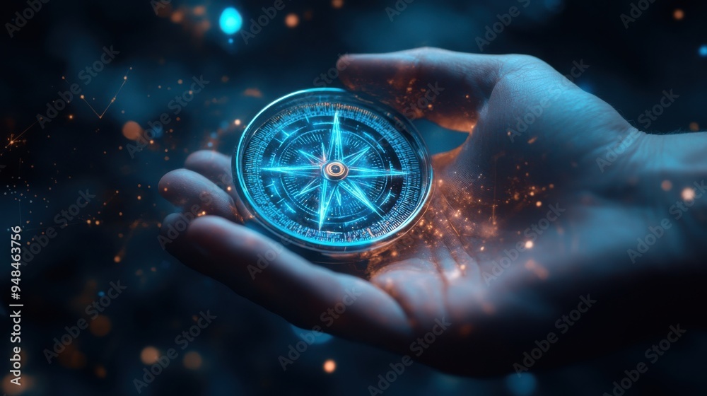 A hand holds a glowing compass amidst a mystical background ...