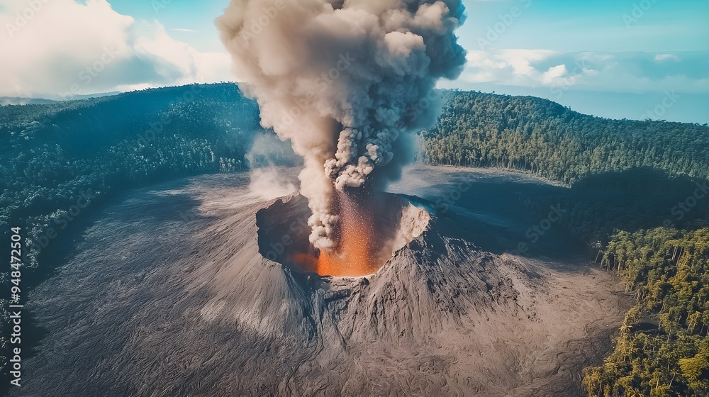 Wide-angle aerial image of a volcano erupting with a big ash and smoke ...
