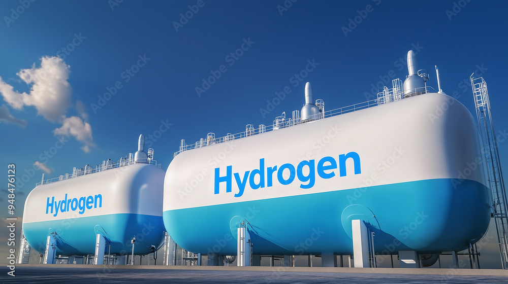 Blue sky cylindrical hydrogen storage tank with hydrogen symbol "H2 ...