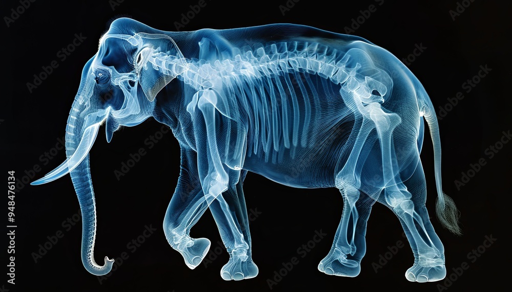X-ray image of an elephant skeleton, showing the detailed bone ...