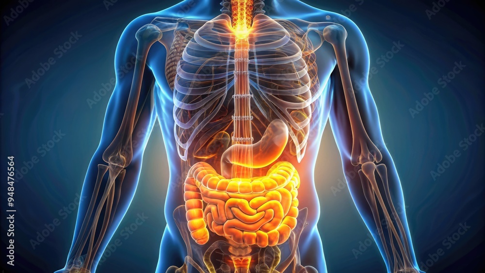 Ilustración de Stock Illuminated 3D illustration of the human digestive ...