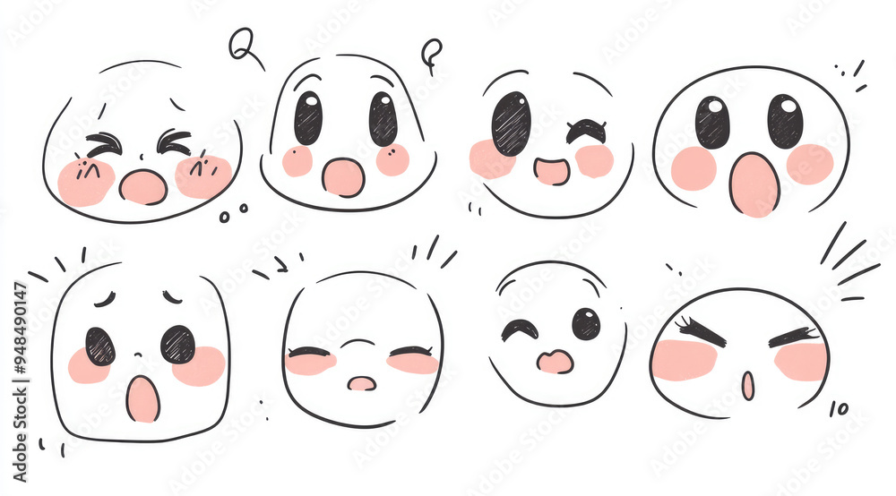 Cute, kawaii doodle clip art with various expressions and emotions of ...